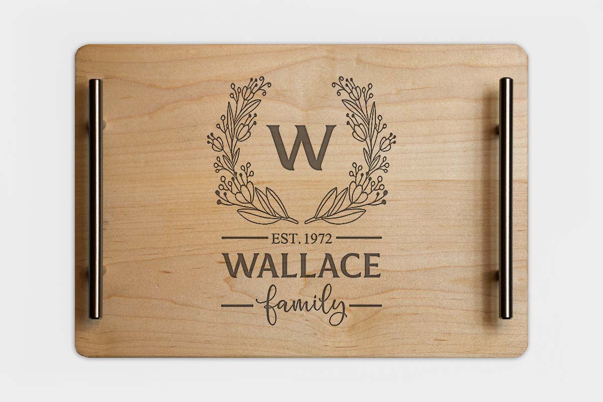 Engraved Maple Serving Tray with Family Names, Initials, Monograms